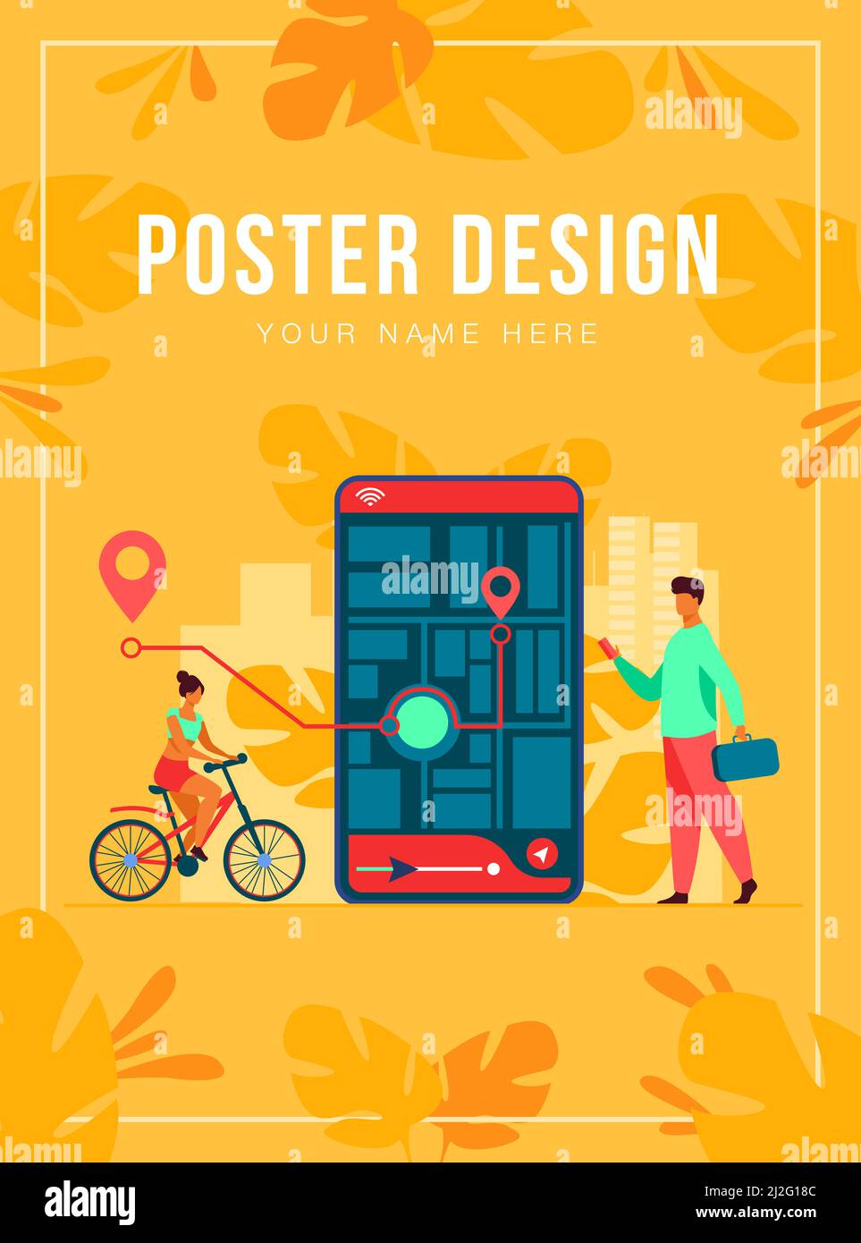 Tiny people using mobile application with map outdoors isolated flat ...