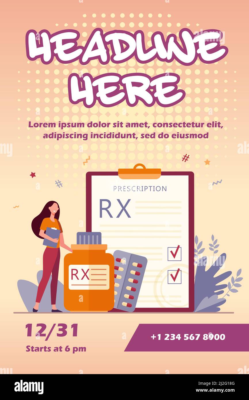 Tiny pharmacist standing near RX prescription flat vector illustration ...