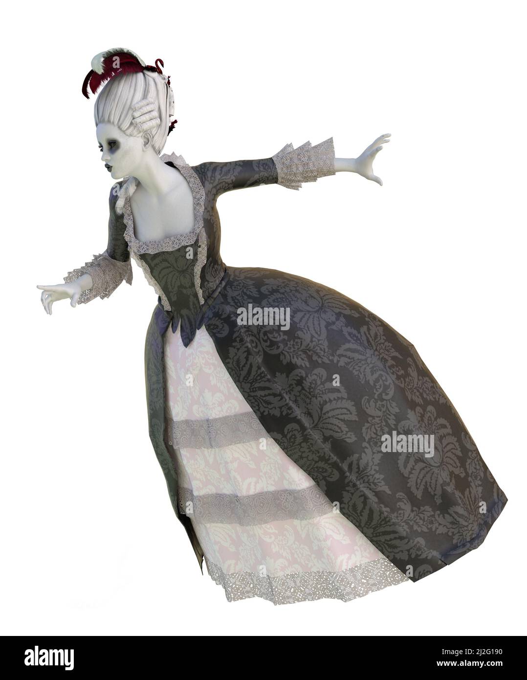 Spooky woman in black and pink ball dress, retro wig, a ghost lady, 3D ...