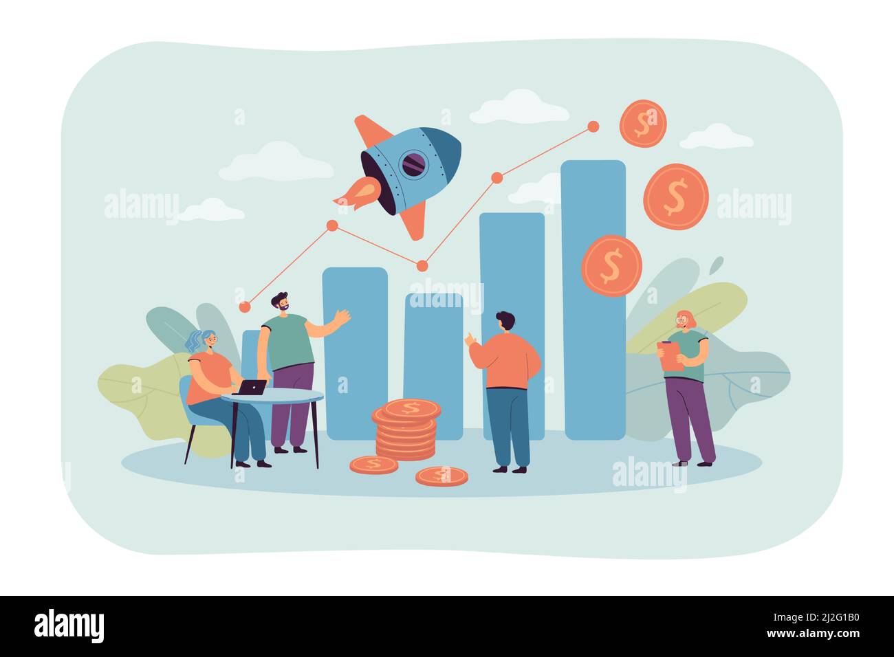 Tiny sales managers looking at growth chart flat vector illustration ...