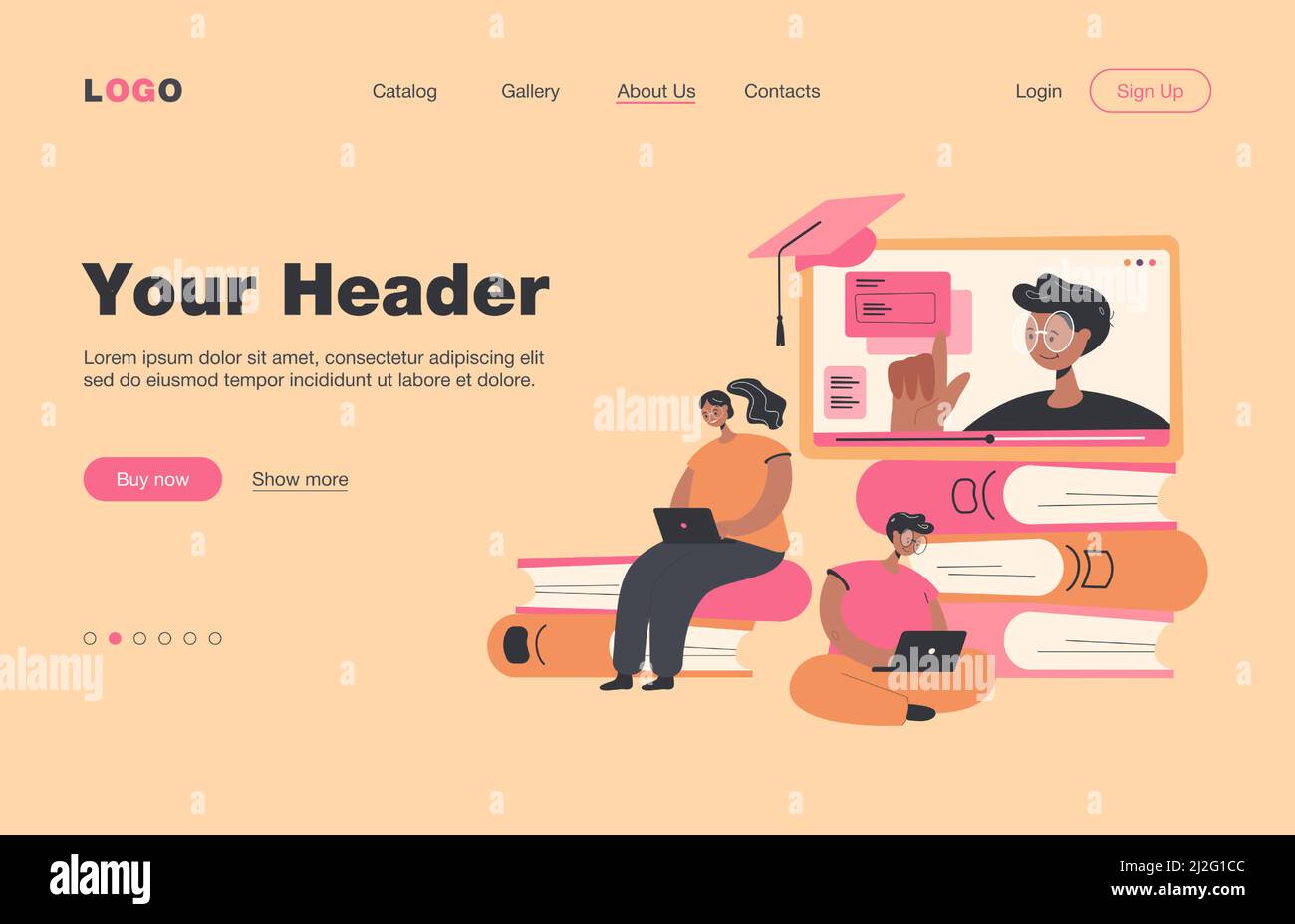 Tiny students learning online lesson via laptop flat vector ...