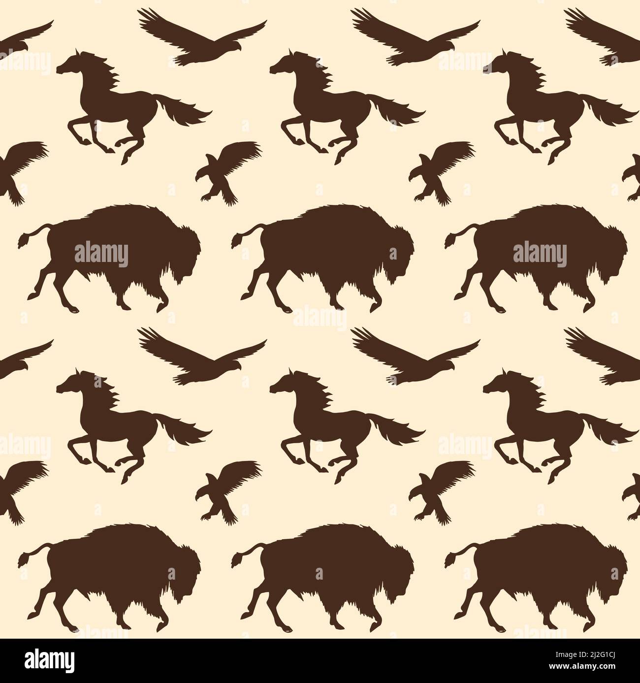 Vector seamless pattern of brown American wild animals silhouette ...