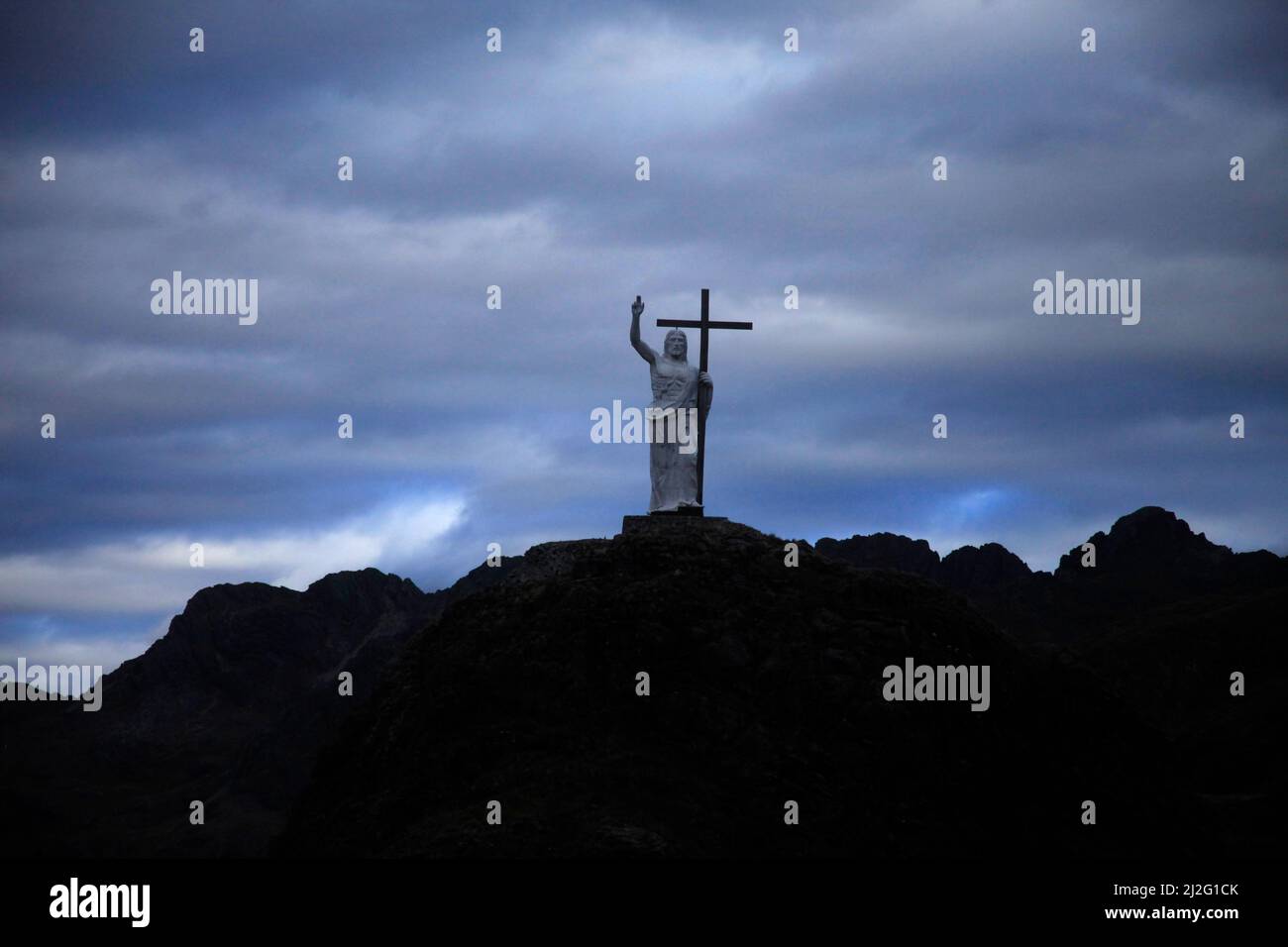 Christ statue at the continental divide, Cordillera Blanca, Peru Stock ...