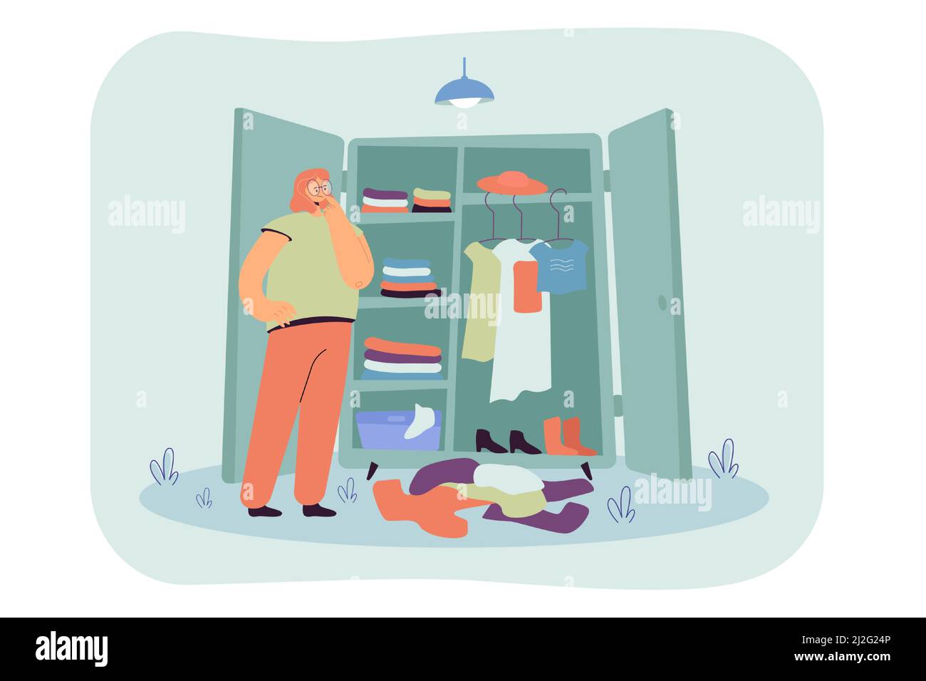 Thoughtful woman choosing clothes in wardrobe flat vector illustration ...