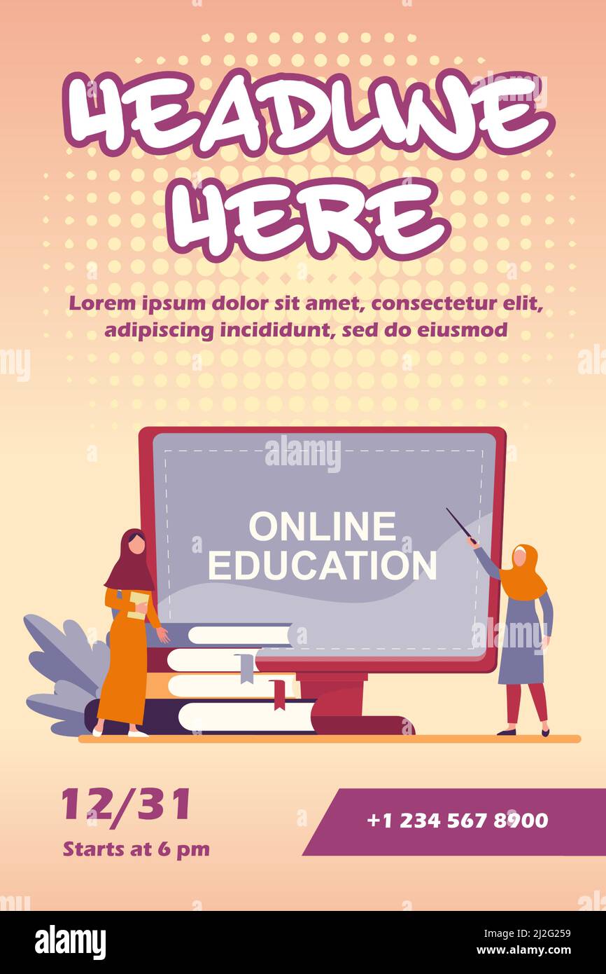 Tiny Arabian woman learning via computer. Book, student, internet flat ...