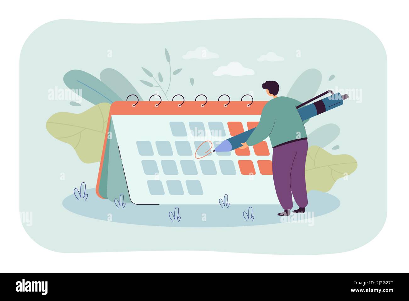 Tiny man in front of giant calendar cartoon vector illustration. Person ...