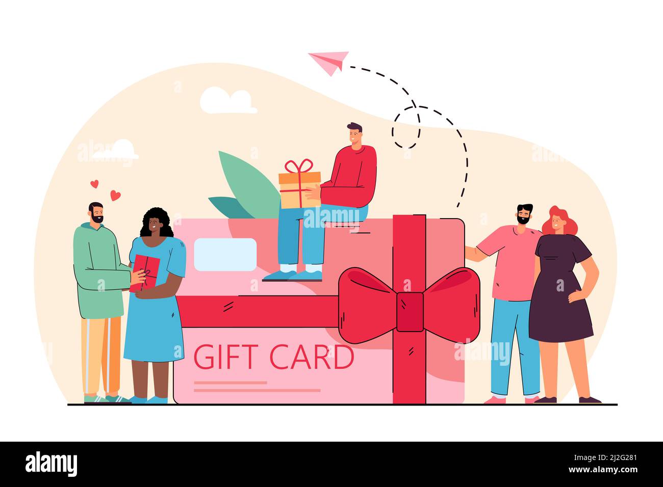 Tiny people near giant gift card voucher from store flat vector ...