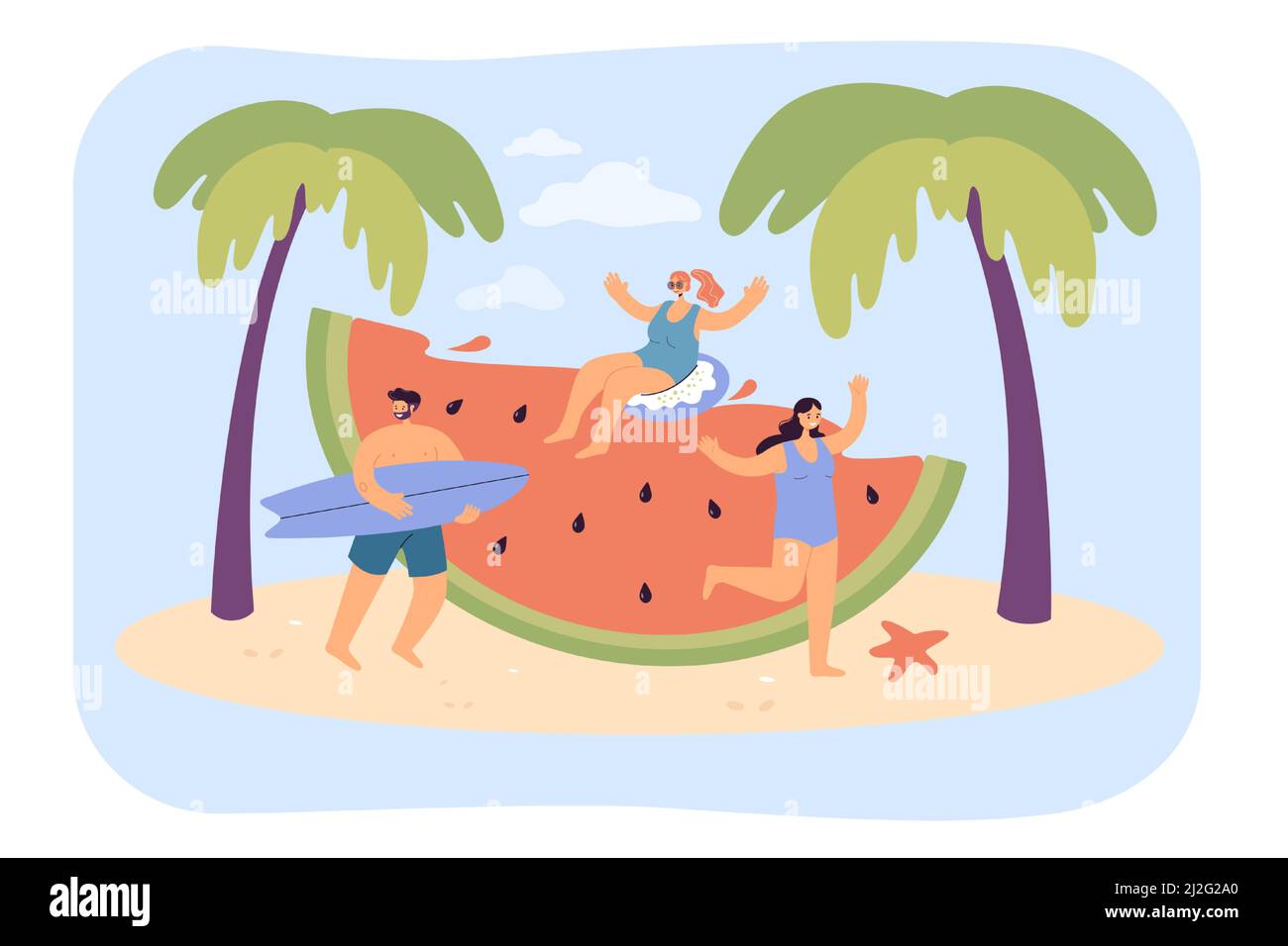 Young people with huge watermelon on beach. Family or group of friends ...