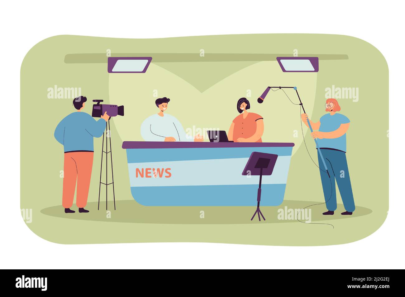 Two journalists sitting at desk on TV studio isolated flat vector ...