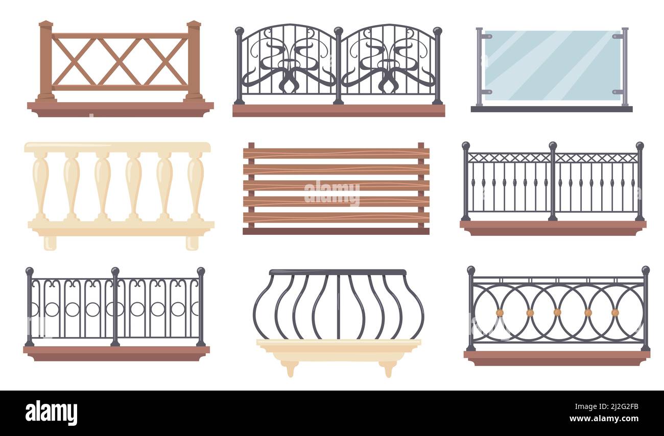 Vintage and modern balcony railings vector illustrations set. Iron ...