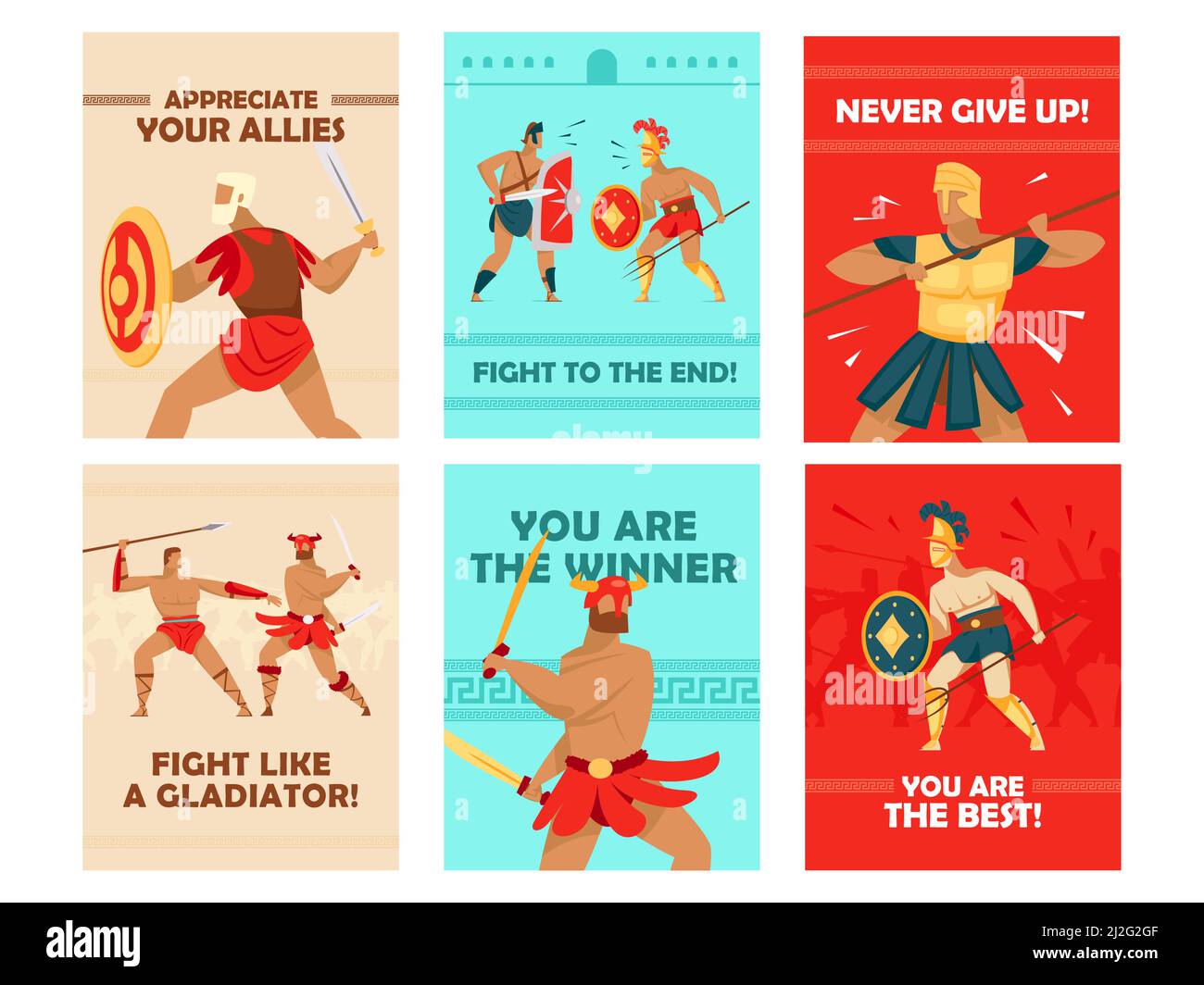 Vivid greeting card designs with gladiators fighting. Coliseum warriors ...