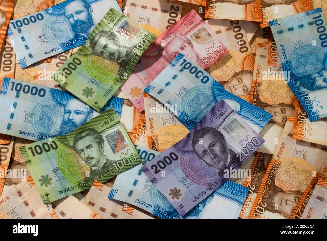 Chilean banknotes. Chile's paper money scattered on a table. Chile ...