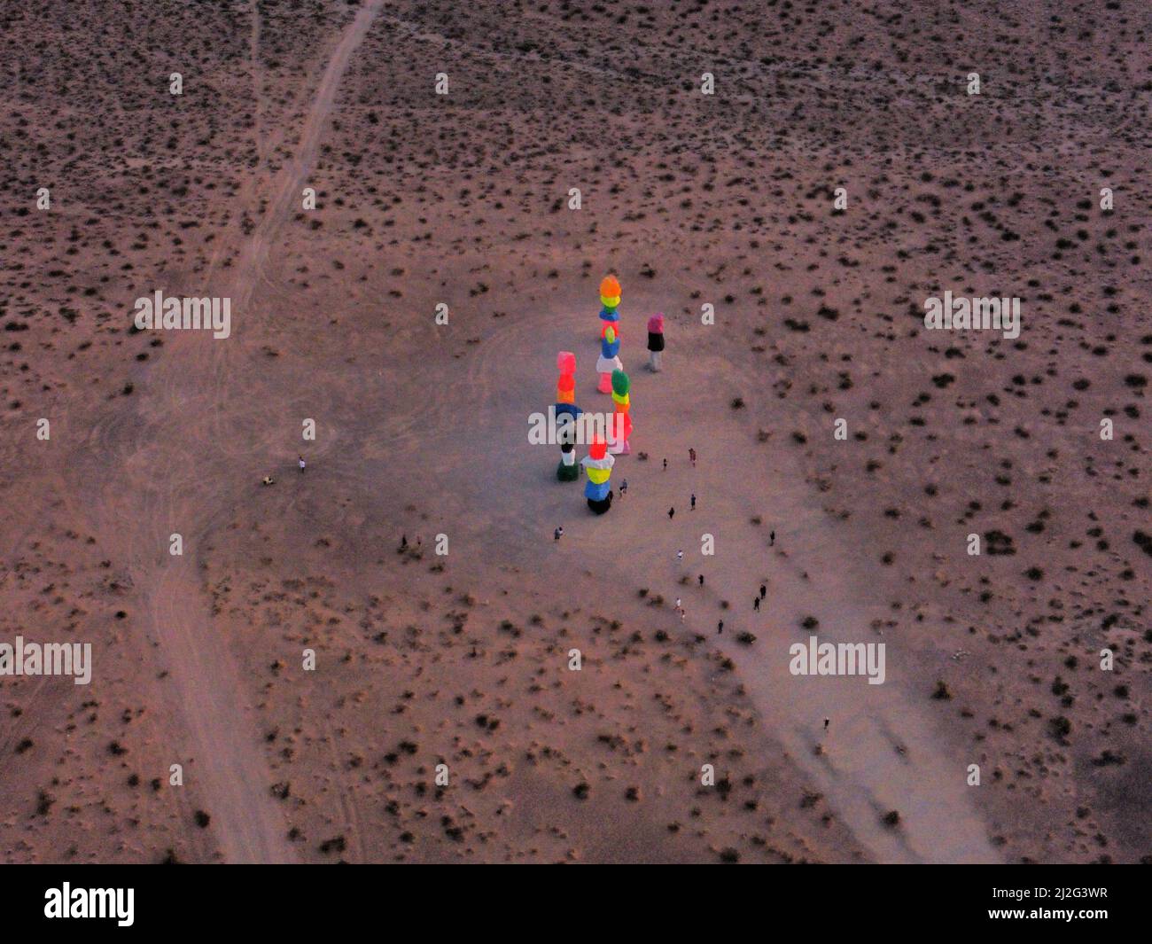 An aerial view of the colorful Seven Magic Mountains in Las Vegas ...