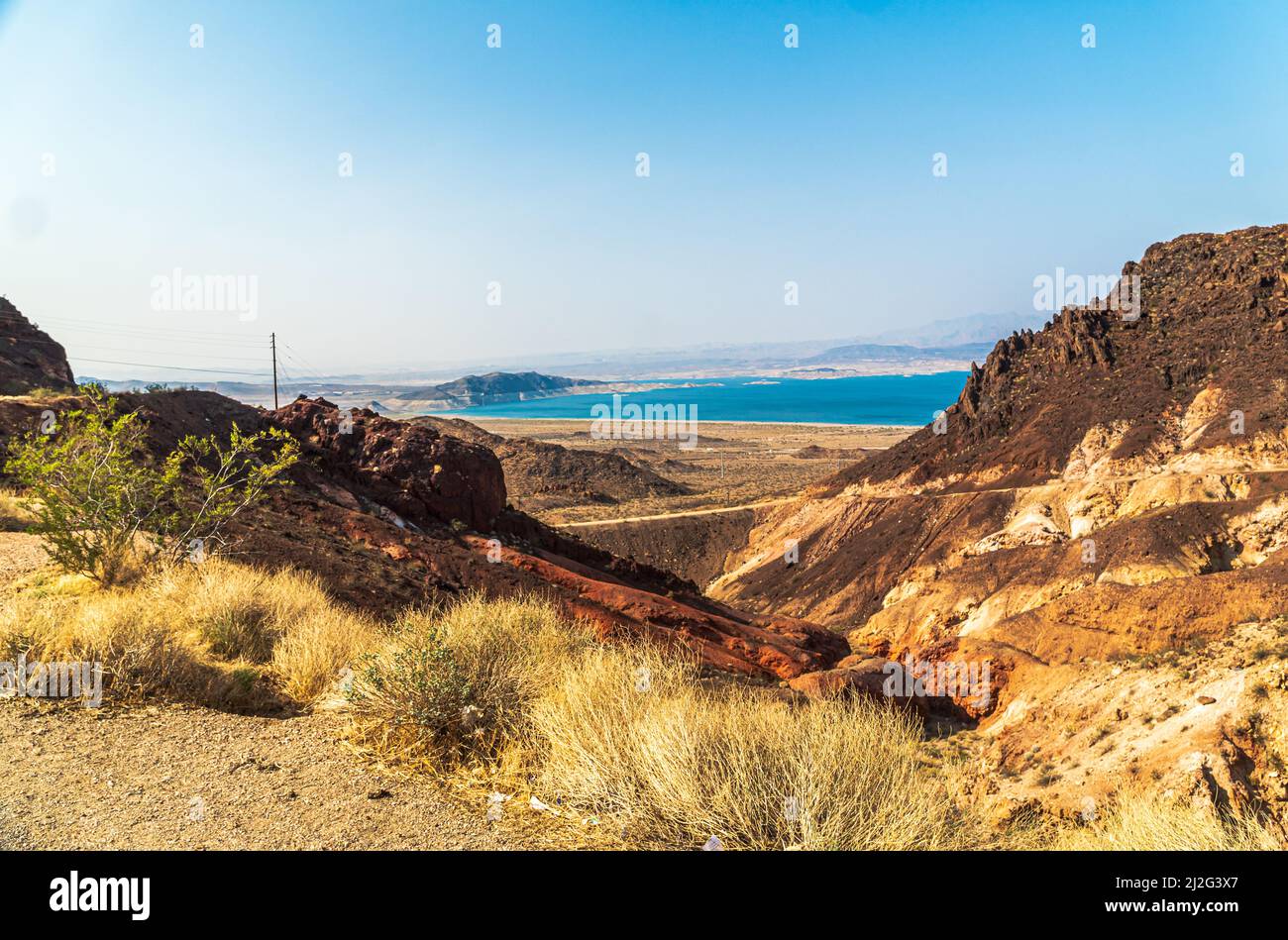 A bright summer day outdoors in the mountains near the Hoover Dam in ...