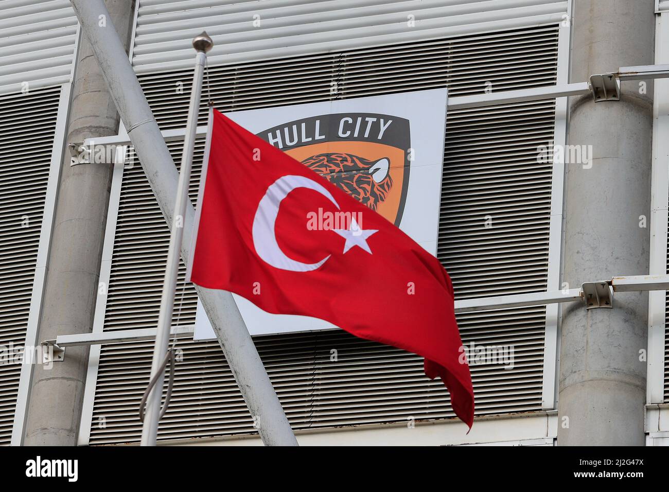 The Turkish Flag flies next to the Hull City signage outside The MKM ...