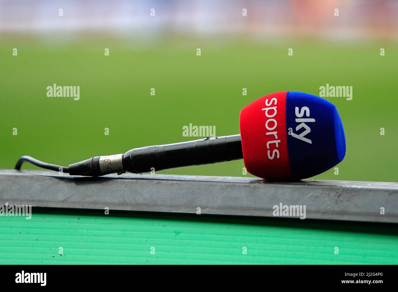 A Sky Sports microphone sits on the advertising boards ahead of the ...