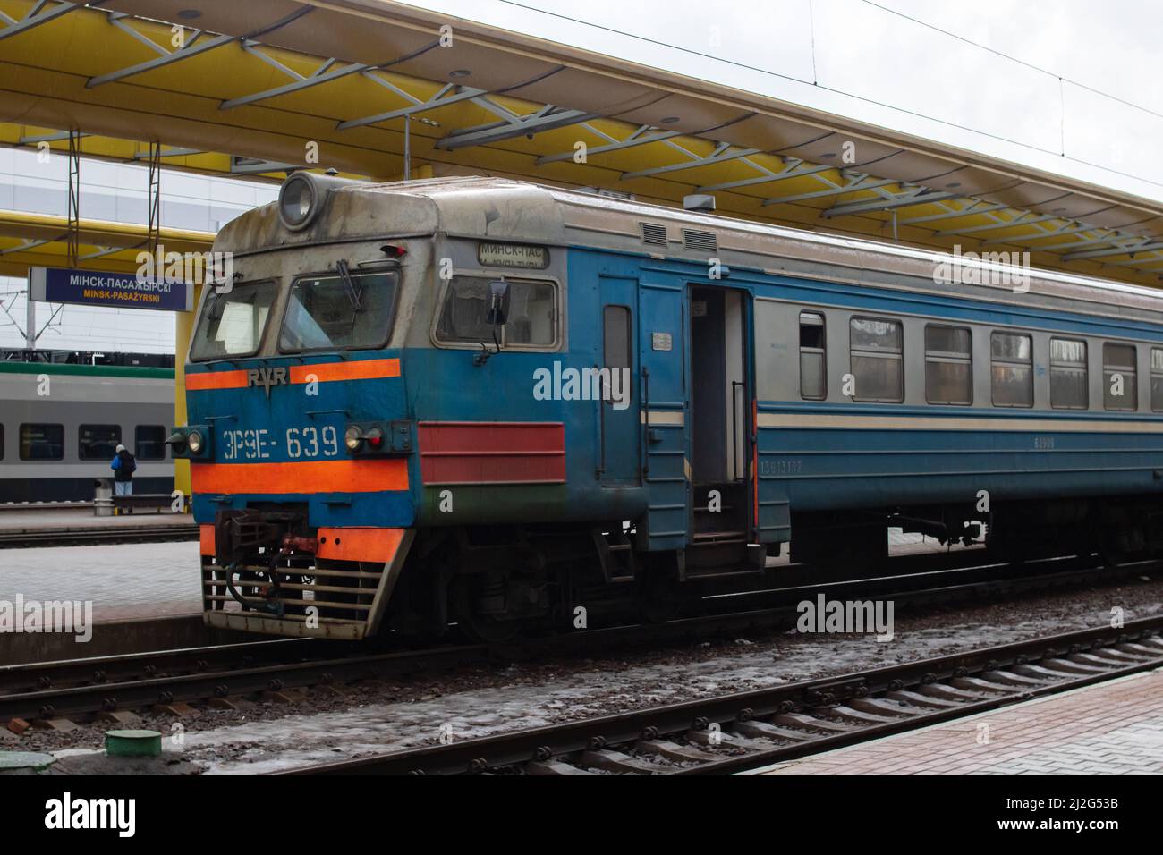 Belarus, Minsk - 20 march, 2022: Trains at the railway station close up ...