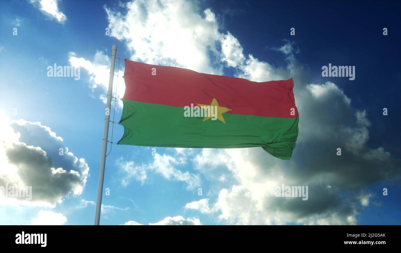 Flag of Burkina Faso waving at wind against beautiful blue sky. 3d illustration Stock Photo - Alamy