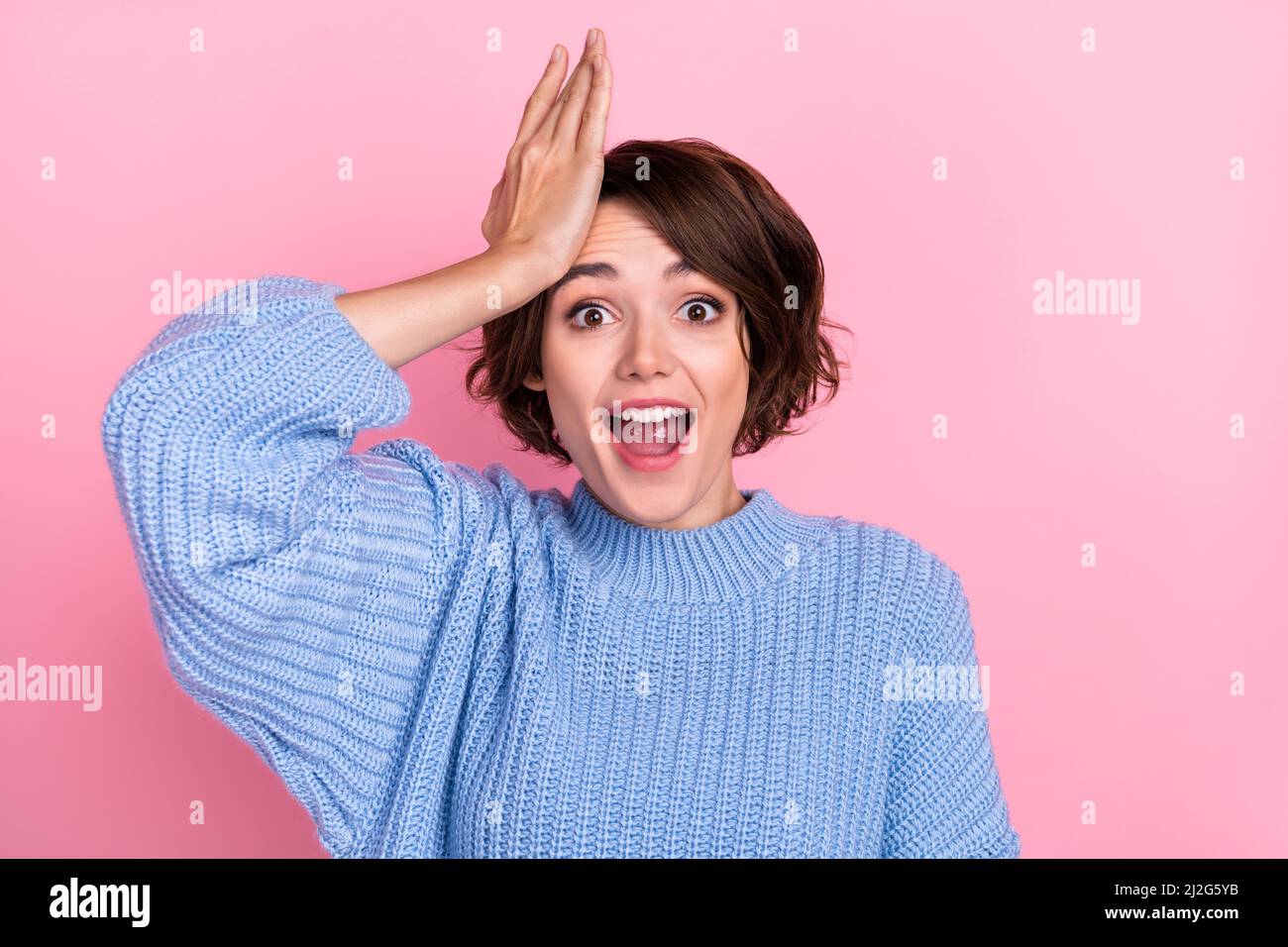 Close-up image of surprised scream girl see big bargain advertisement ...