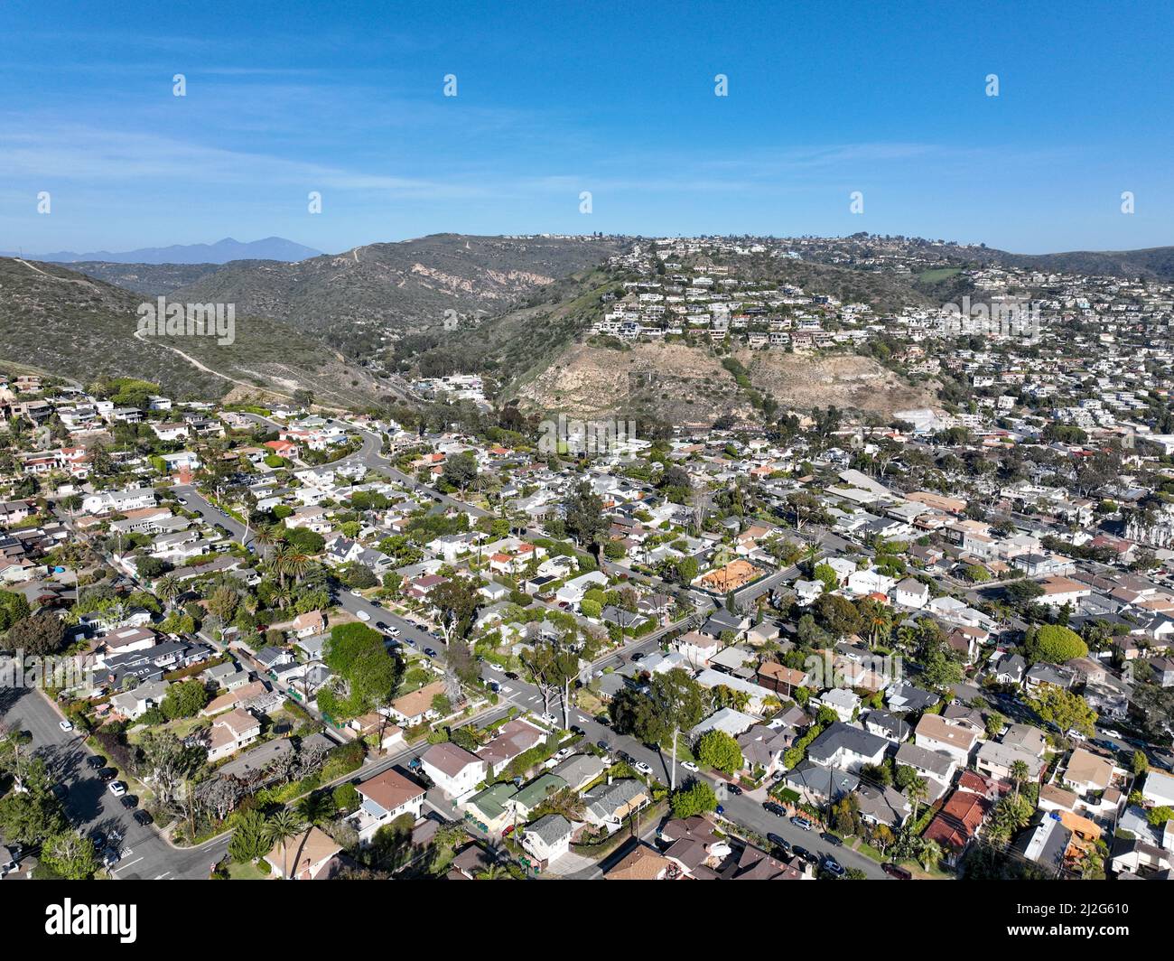Aerial view of Laguna Beach coastline town with vilas on the hills ...