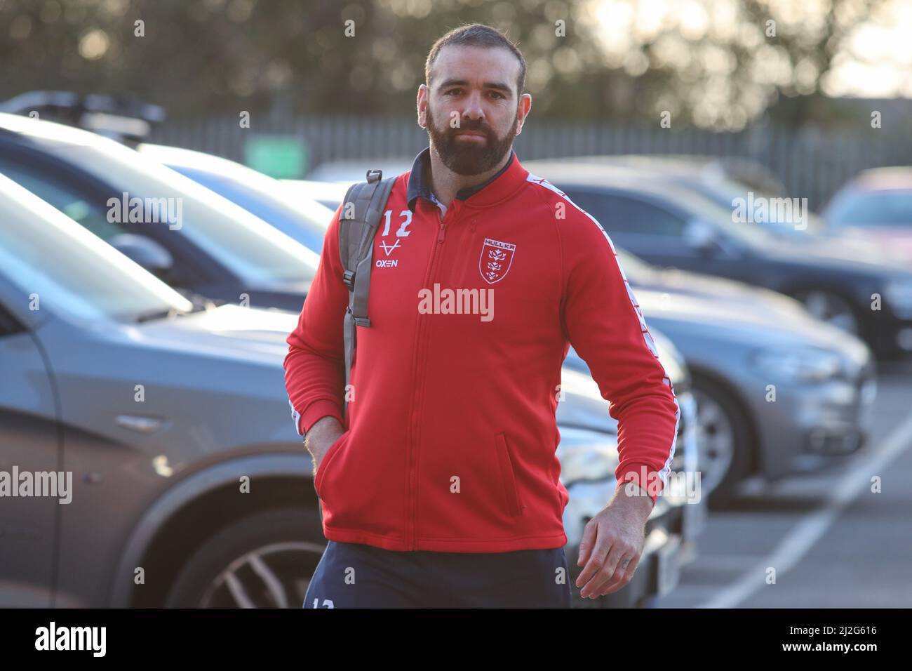 Kane Linnett #12 of Hull KR arrives at the Sewell Group Craven Park ...