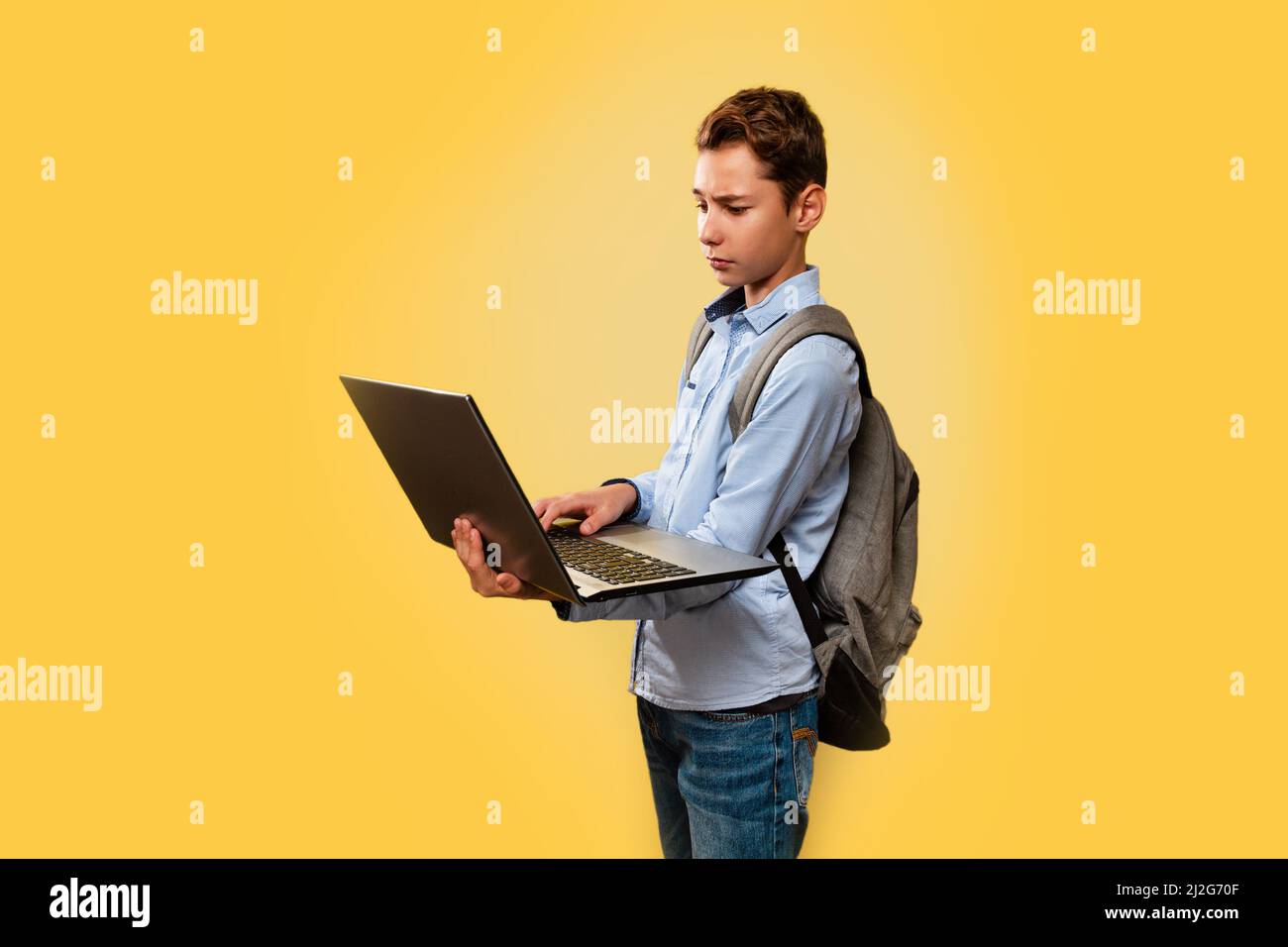 Concept of modern technologies and education. Caucasian teenage boy ...