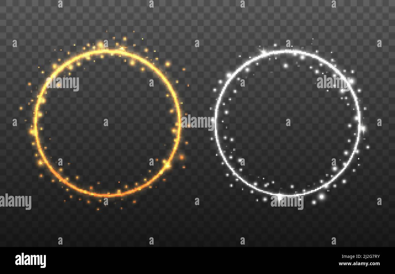 Glowing circles on transparent backdrop. Gold and silver rings with ...