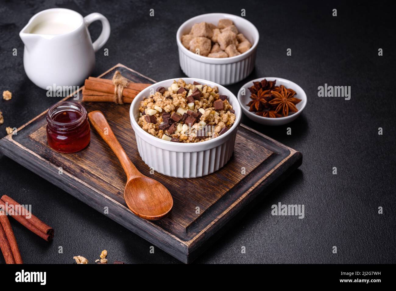 Closeup of oatmeal, corn flakes and wheat stems.Ripe cereal for ...