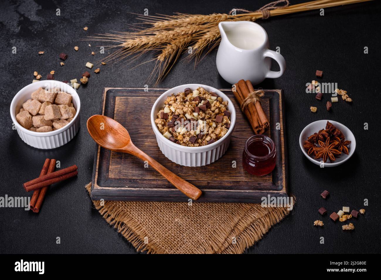 Closeup of oatmeal, corn flakes and wheat stems.Ripe cereal for ...