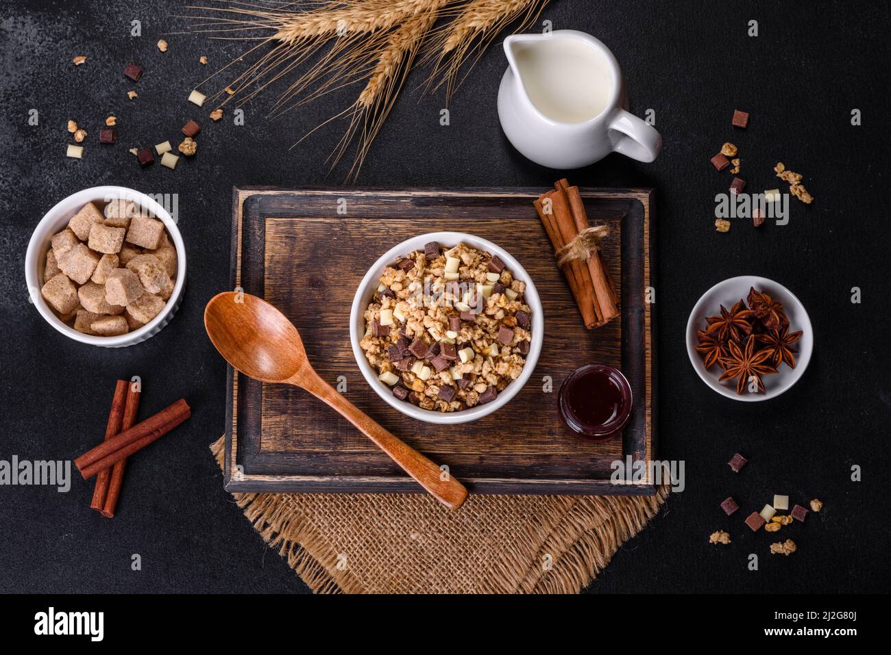 Closeup of oatmeal, corn flakes and wheat stems.Ripe cereal for ...