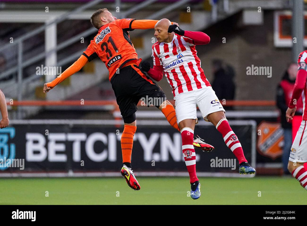VOLENDAM, NETHERLANDS - APRIL 1: Kay Tejan of TOP Oss, Kevin Visser of ...
