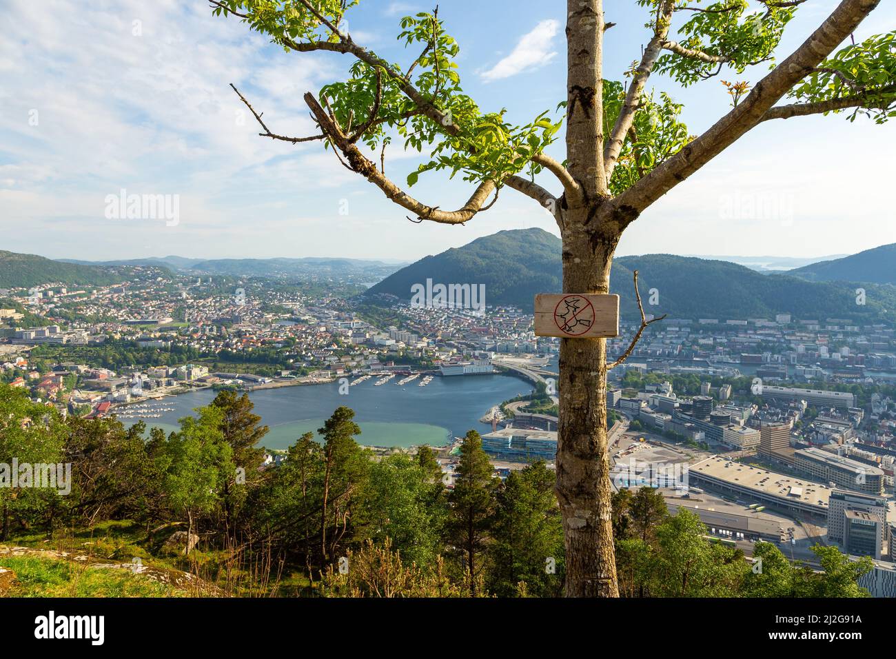 Bergen, Norway - 28 May 2018: The forest on the Floyen hill. Sign on ...