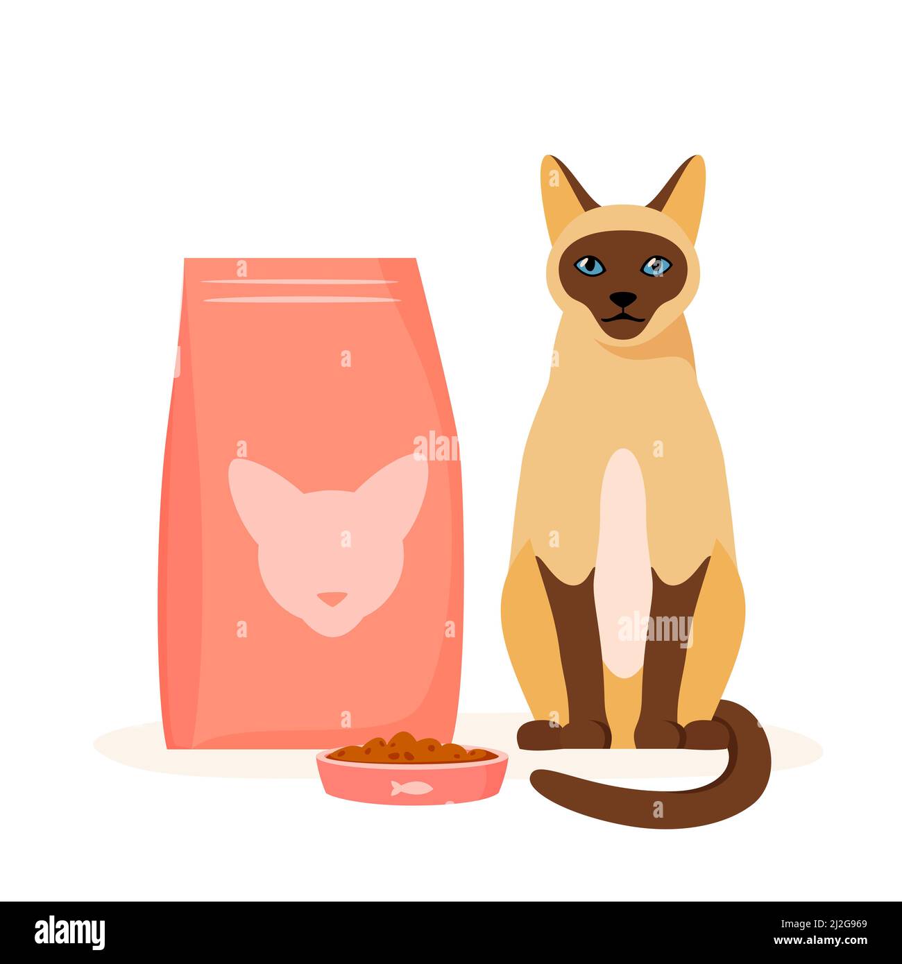 Cat food in bowl. Cat kibble in package or beg. Pet care and supplies ...