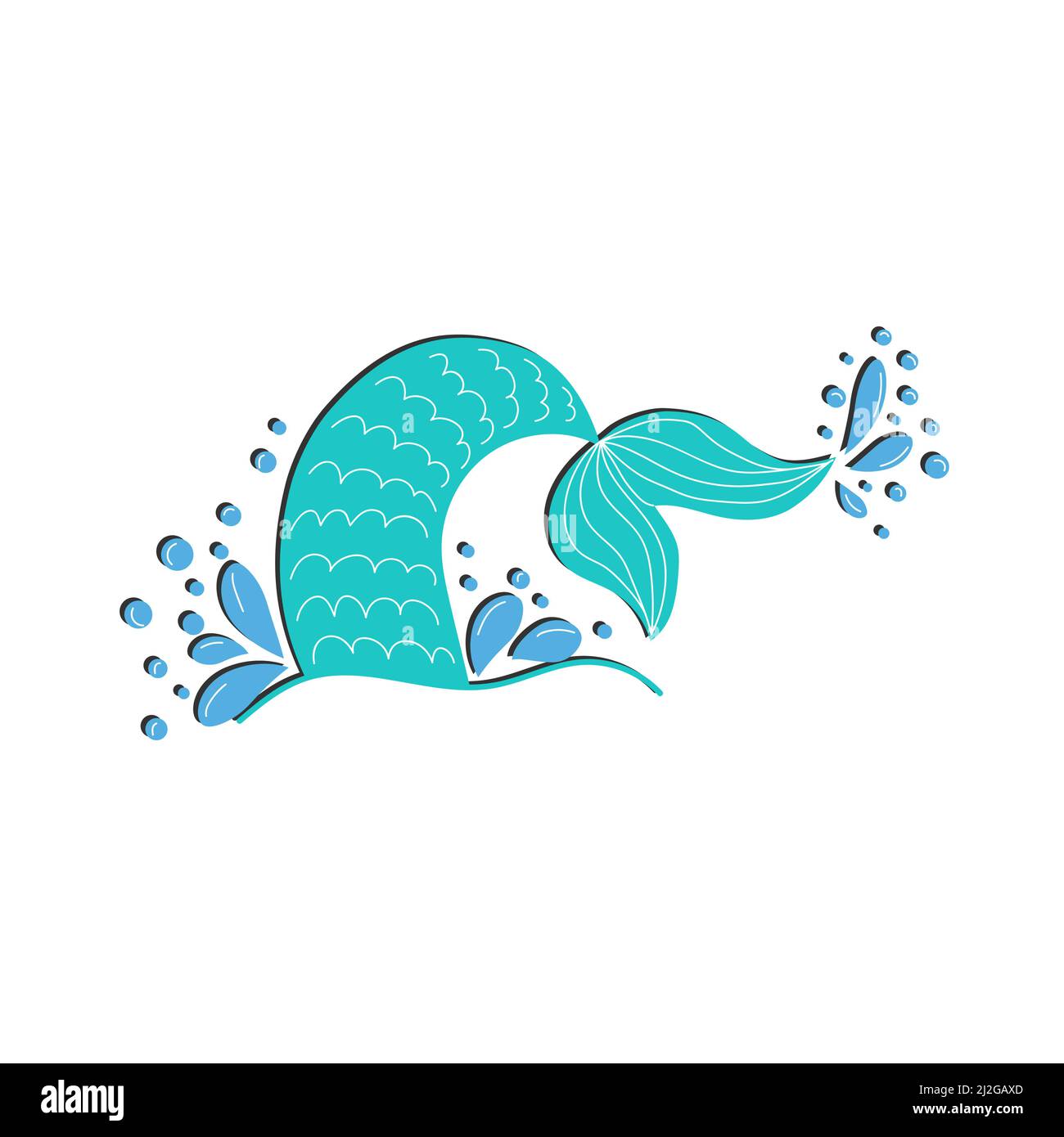 Mermaid tail graphic illustration. Hand drawn teal, turquoise, blue and ...