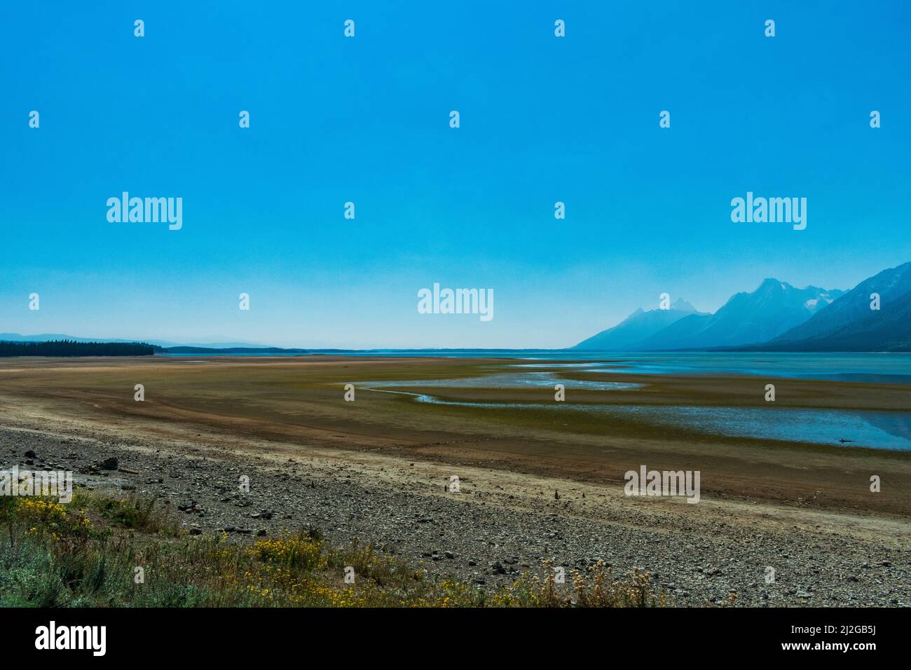 Low water level of Jackson Lake in Grand Teton National Park, Wyoming ...