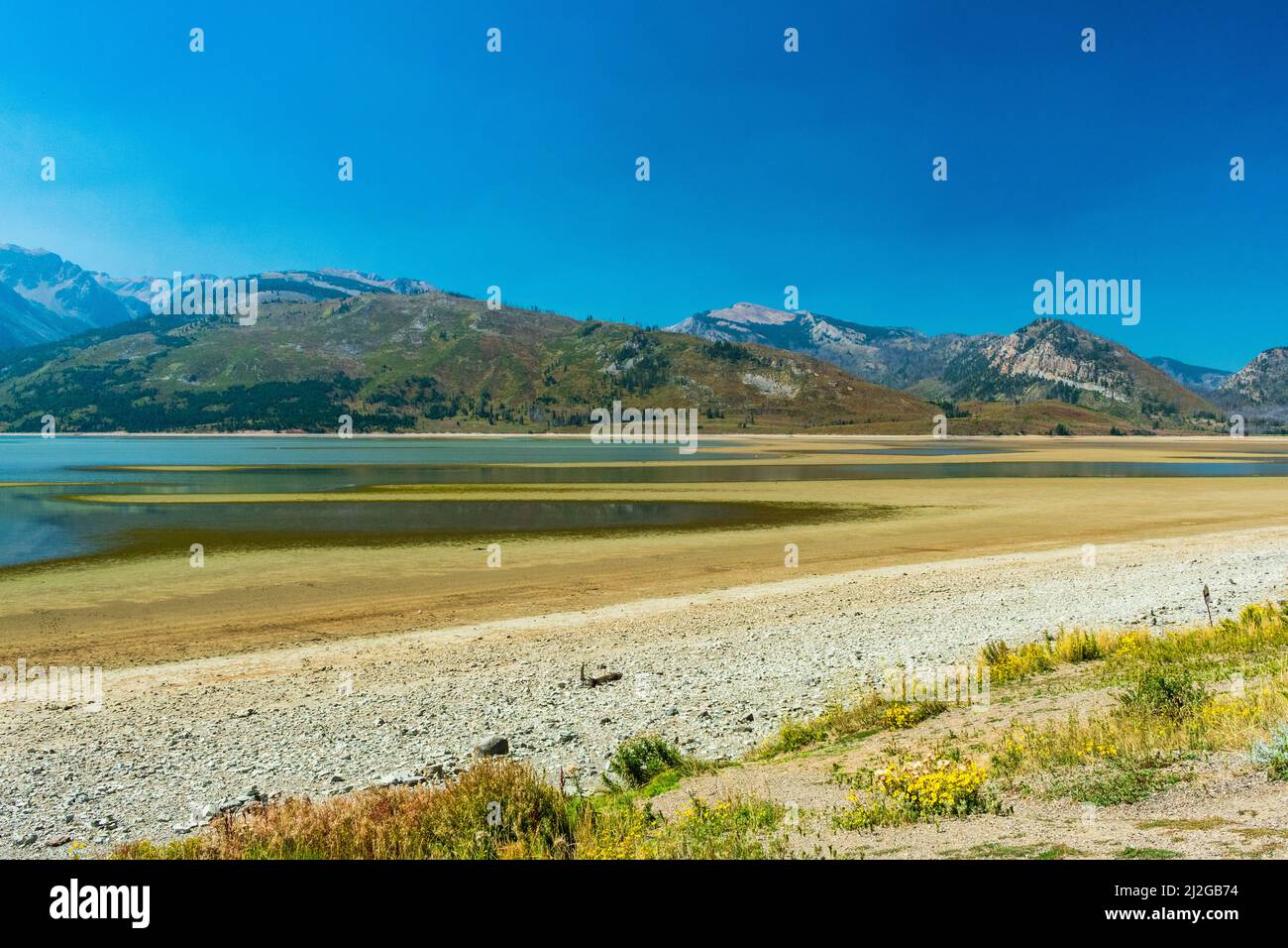 Low water level of Jackson Lake in Grand Teton National Park, Wyoming ...