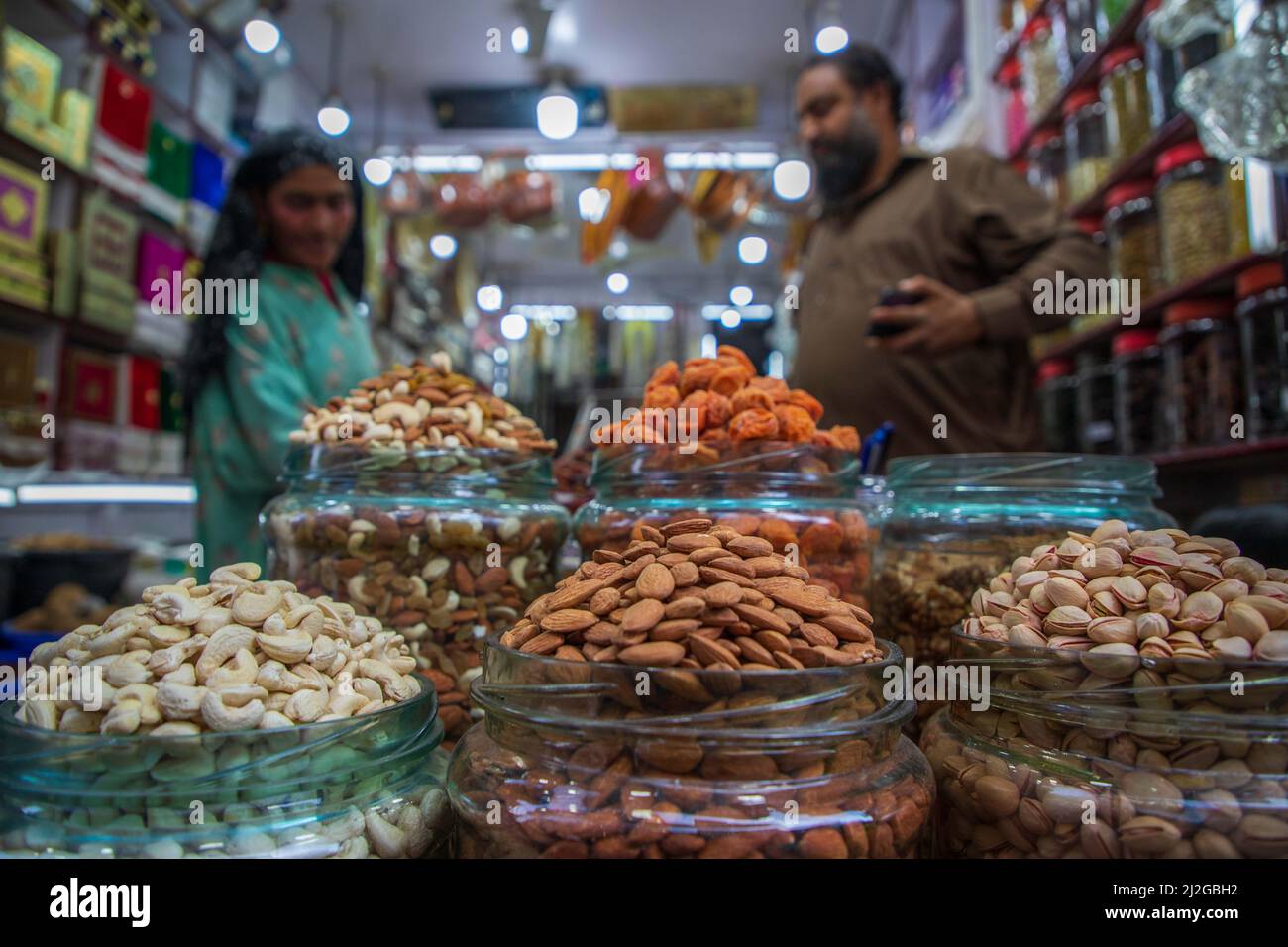 Dry fruits are displayed at a shop in a local market in Srinagar ahead ...