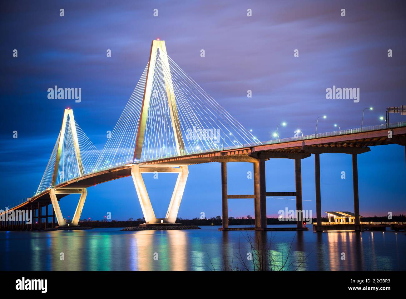 Arthur Ravenel Jr Bridge seen at night with lights, Charleston South ...