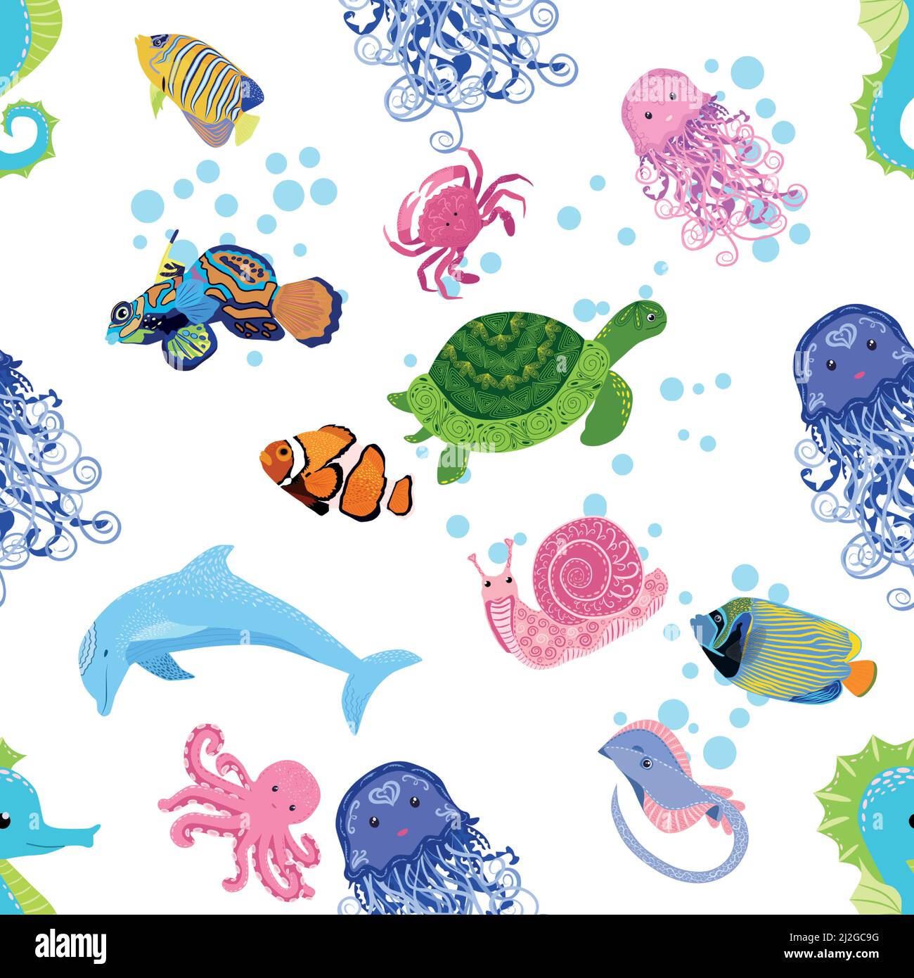 Marine life, fish, animals bright seamless pattern. sea travel ...