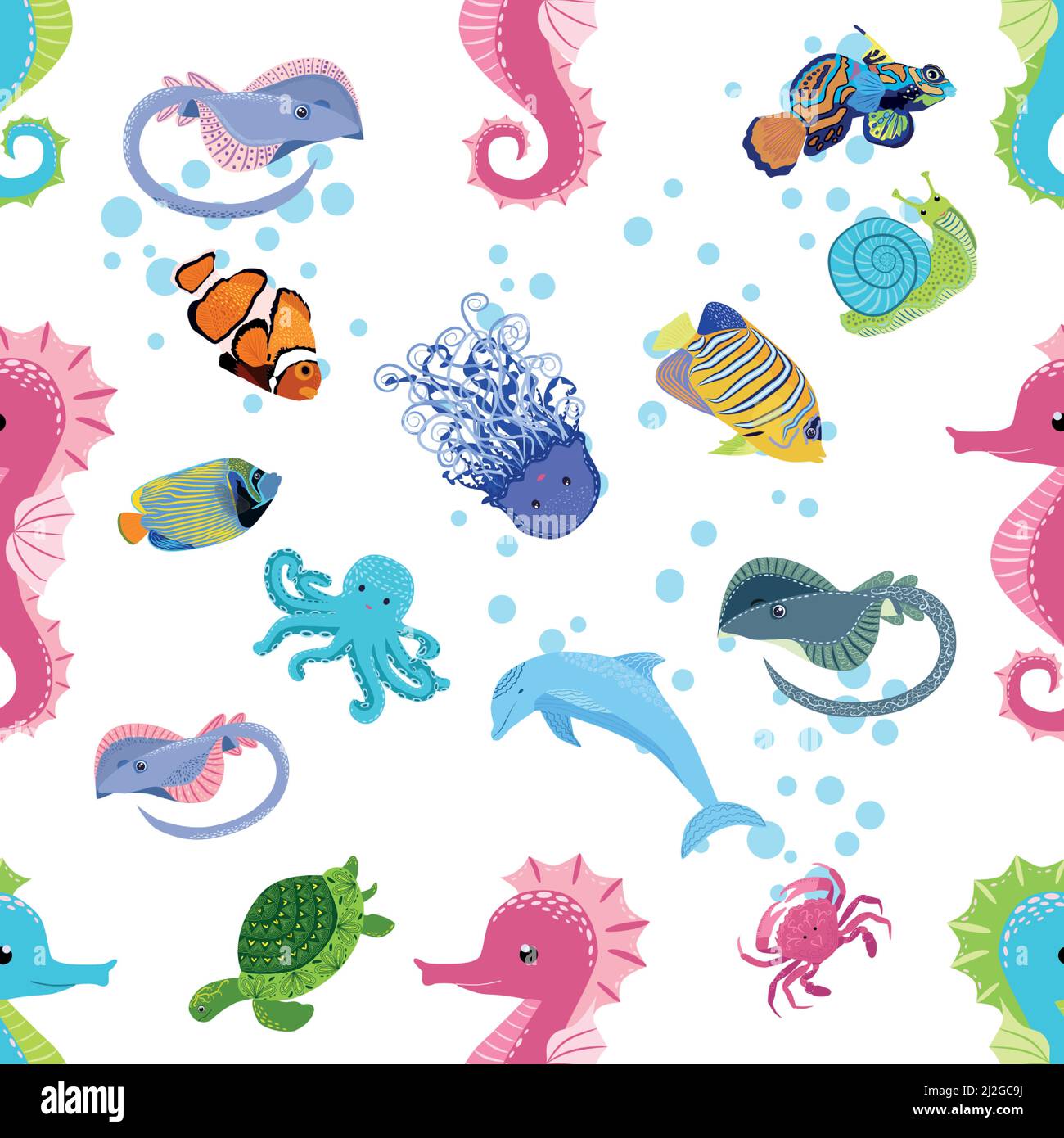 Marine life, fish, animals bright seamless pattern. sea travel ...