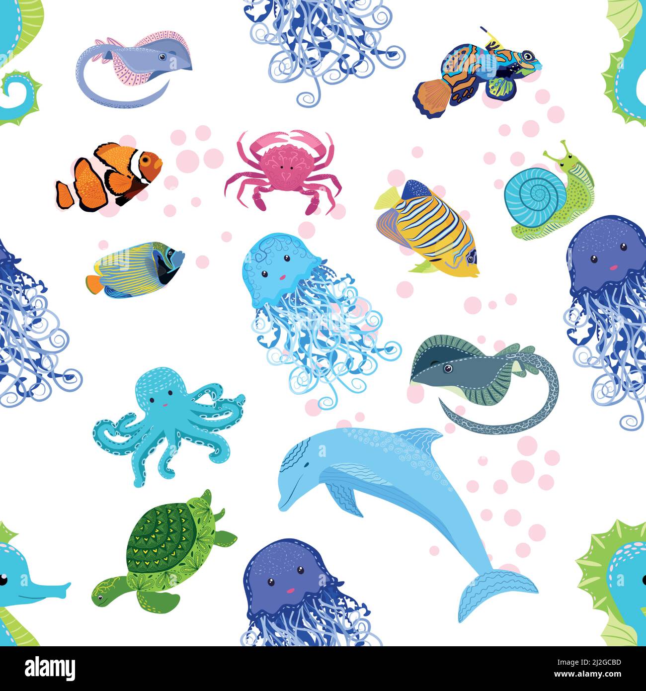 Marine life, fish, animals bright seamless pattern. sea travel ...