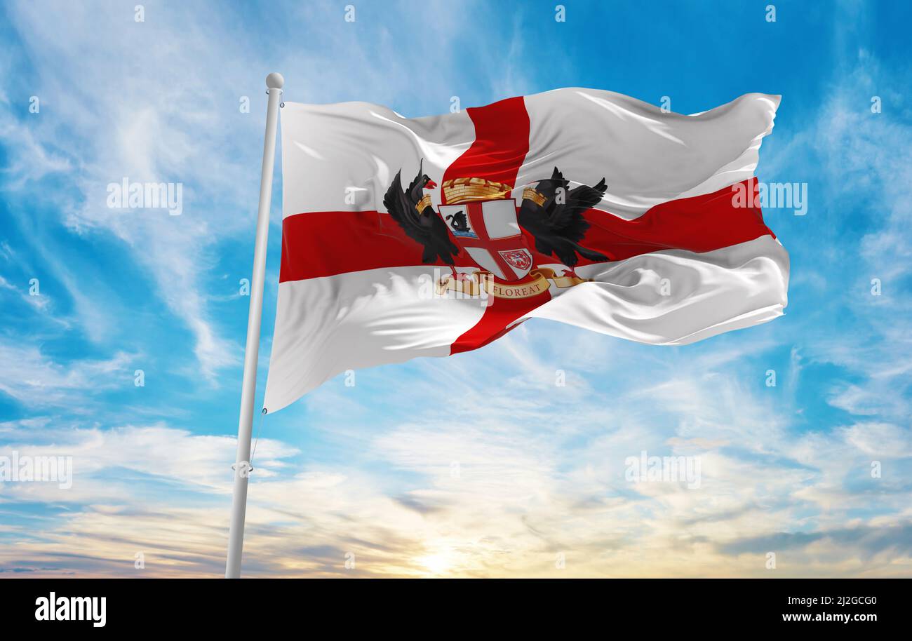 flag of Perth , Australia at cloudy sky background on sunset, panoramic ...