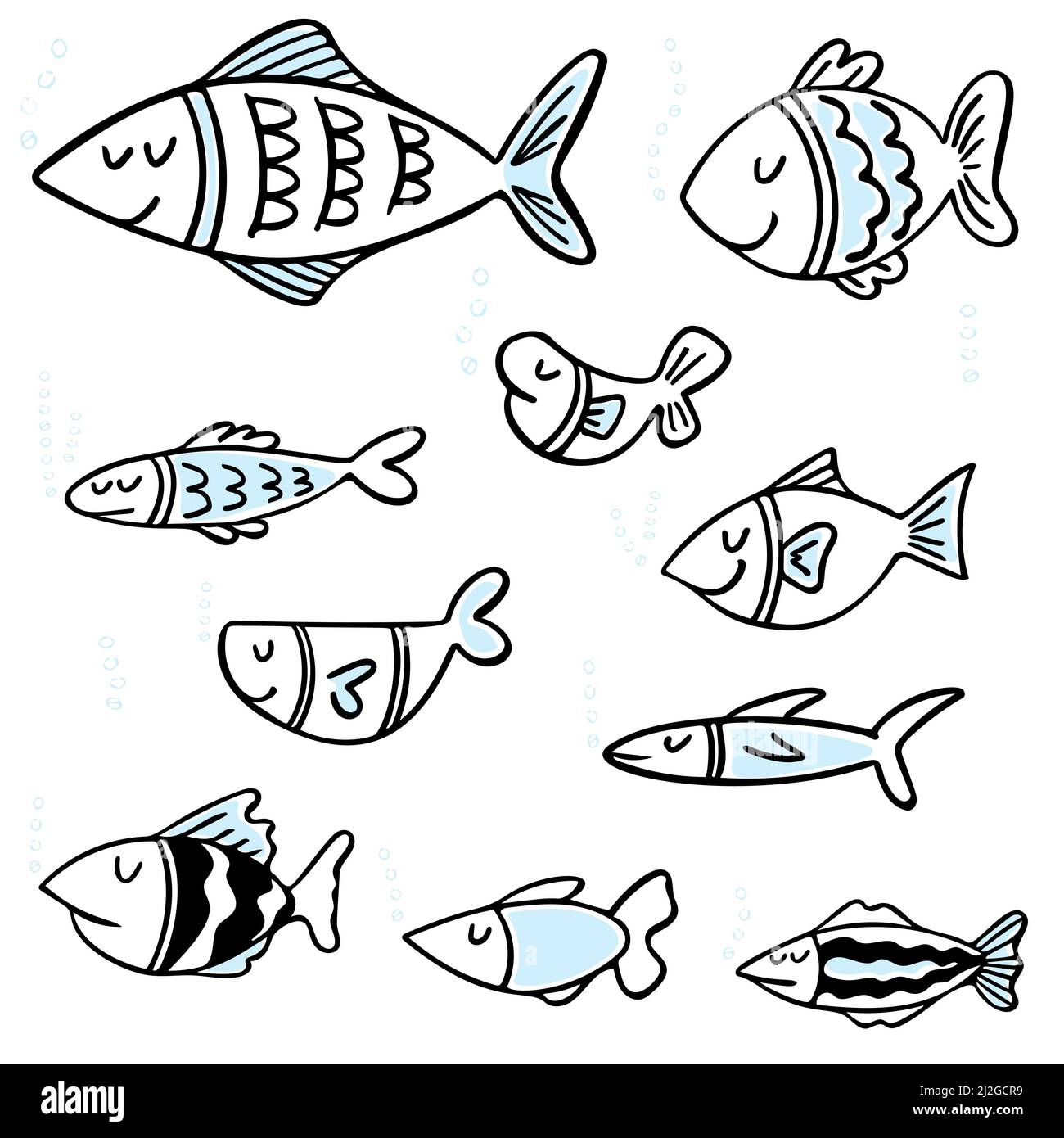 Set of black and white fishes in doodle ink style. Hand drawn ...