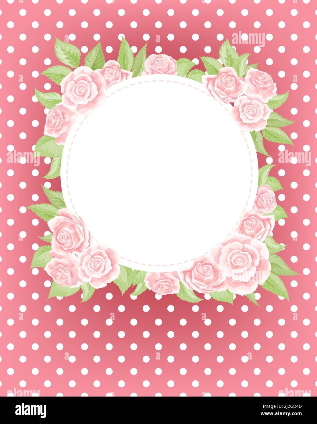 Vector postcard template of pink cream rose flower on polka dot ...