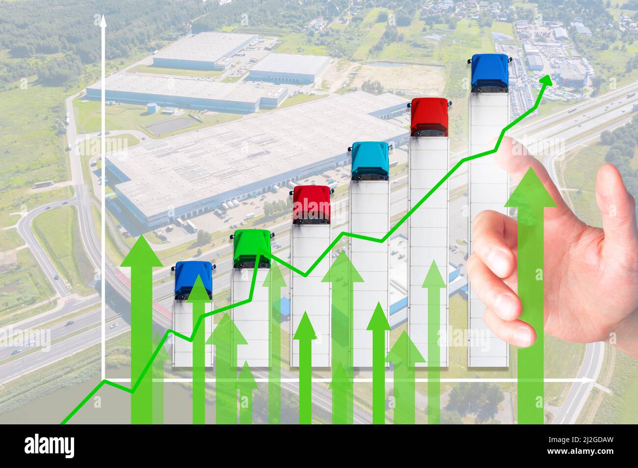 Business hand growth chart of transport business with supply chain ...