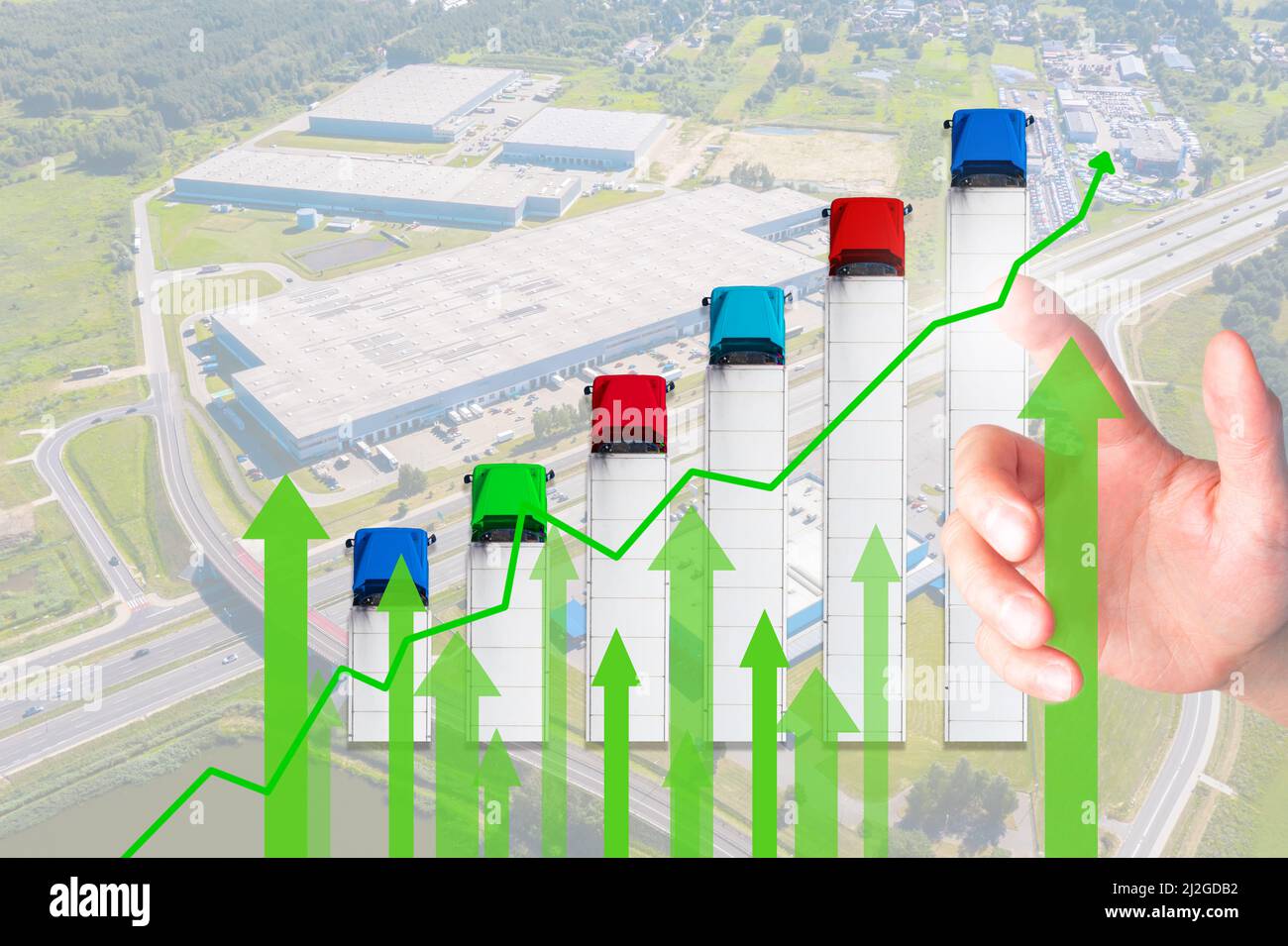 Business hand growth chart of transport business with supply chain ...