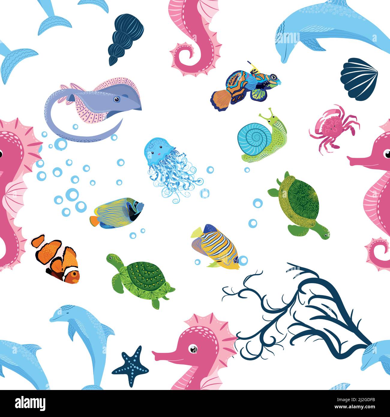 Sea inhabitants seamless pattern, beautiful character among seashells ...