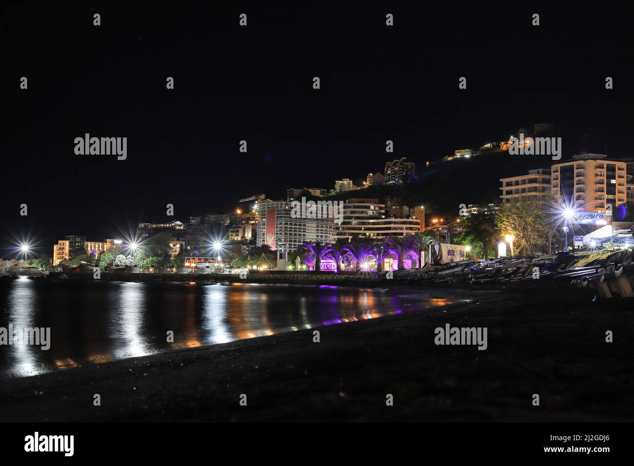 Beach in Budva at night in Montenegro Stock Photo - Alamy