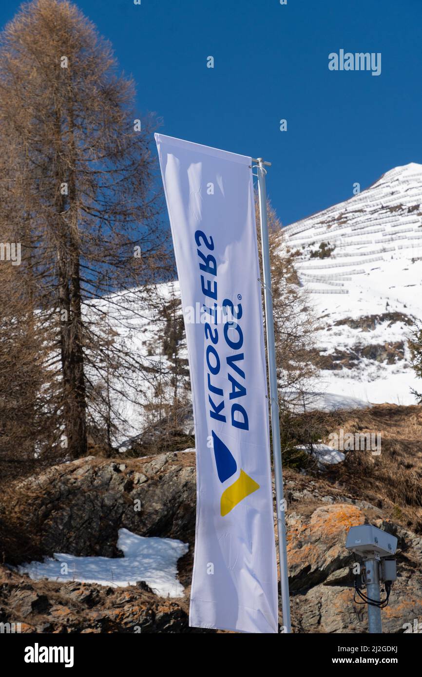 Davos, Switzerland, March 23, 2022 Flag with the words Klosters and ...