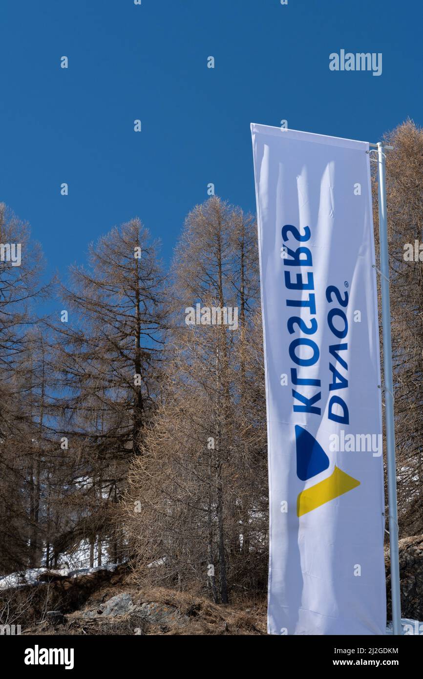 Davos, Switzerland, March 23, 2022 Flag with the words Klosters and ...